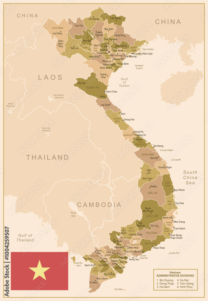 Vietnam - detailed map of the country in brown colors, divided into ...