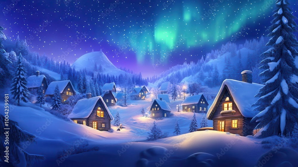 snow-covered village nestled in rolling hills, twinkling lights in ...