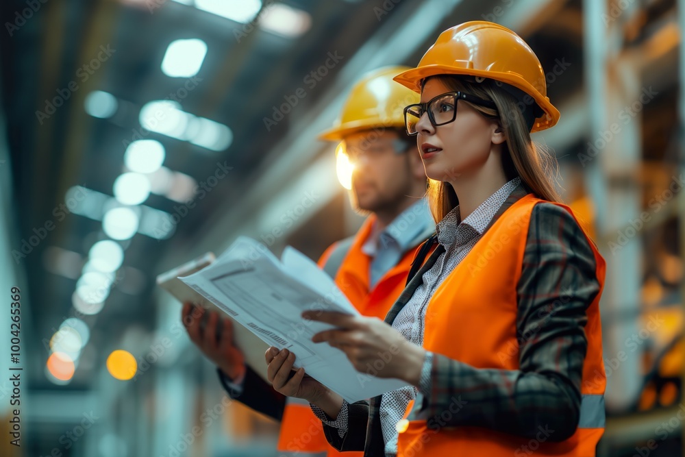 Woman supervisor in safety attire reviewing documents on a construction ...