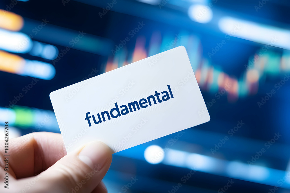 Hand holding a card with the word "fundamental" on a trading chart ...