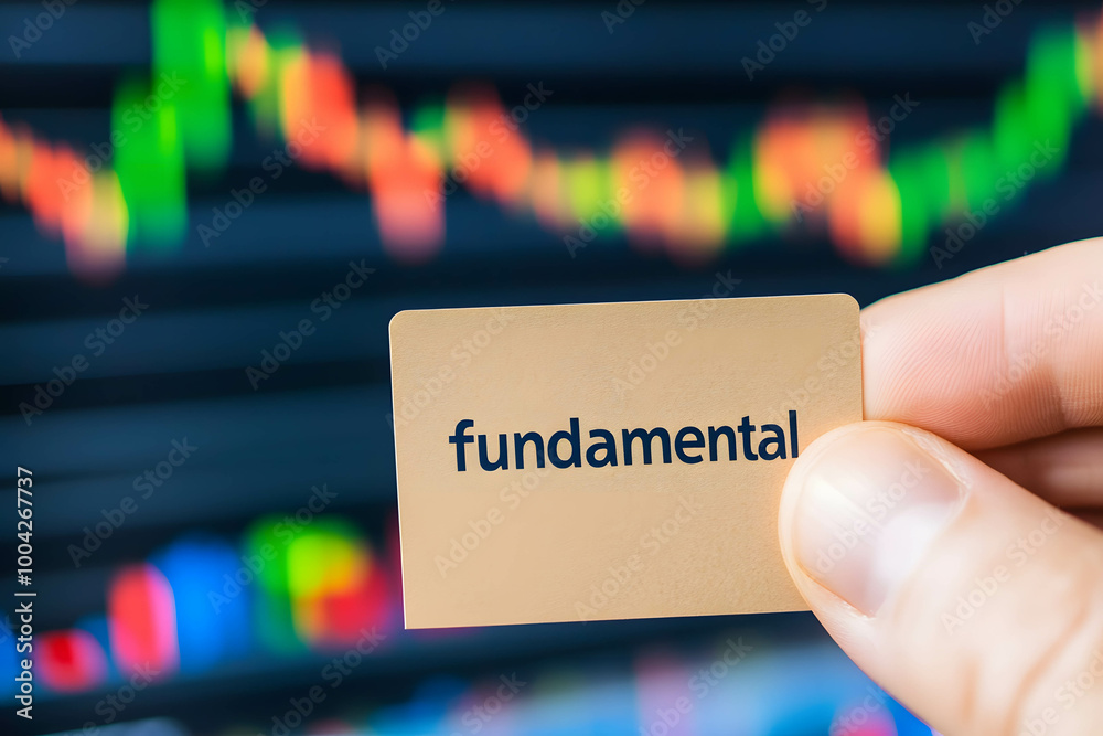 Hand holding a card with the word "fundamental" on a trading chart ...