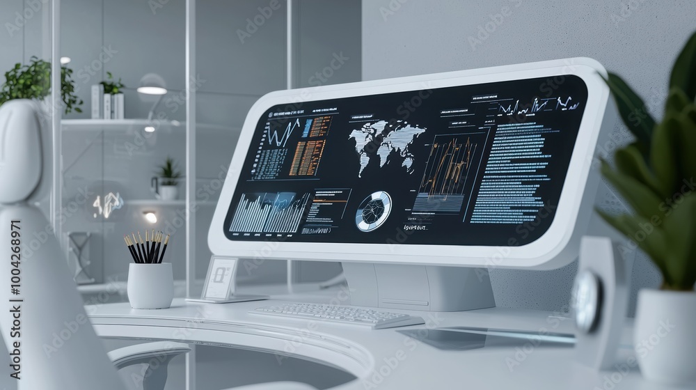 Sleek workspace featuring a modern computer monitor displaying ...