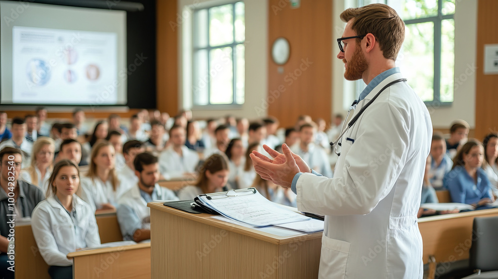 Medical lecture in classroom with speaker presenting to students ...