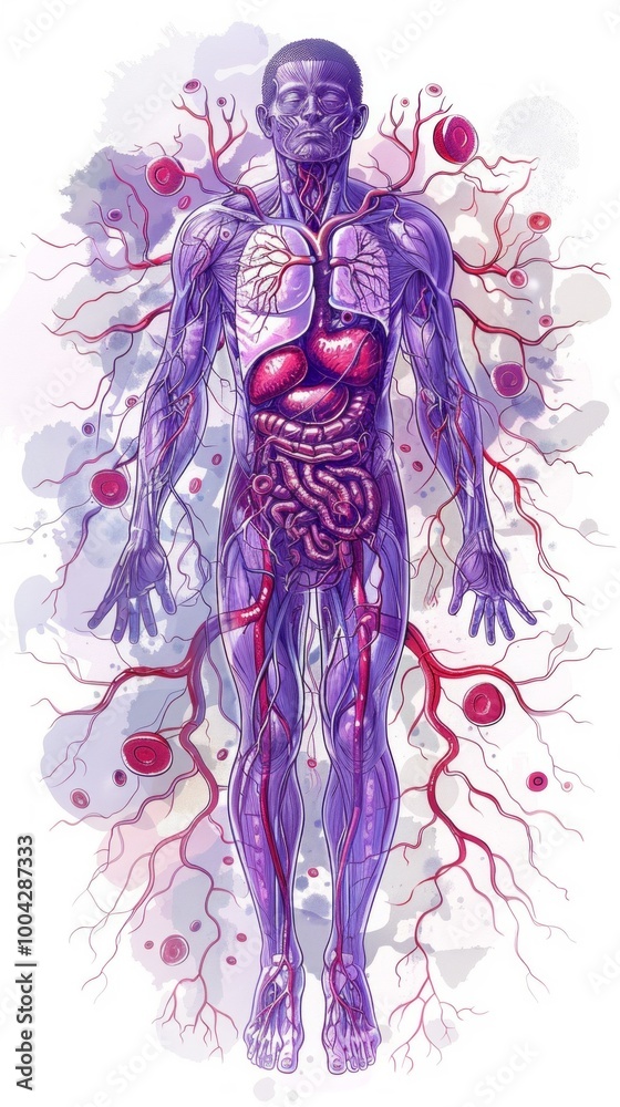 An anatomical illustration in purple depicts human circulatory and ...