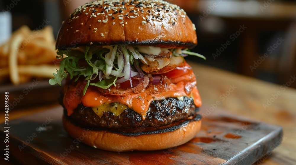Hamburger buatan sendiri yang lezat dengan daging sapi, bawang merah ...