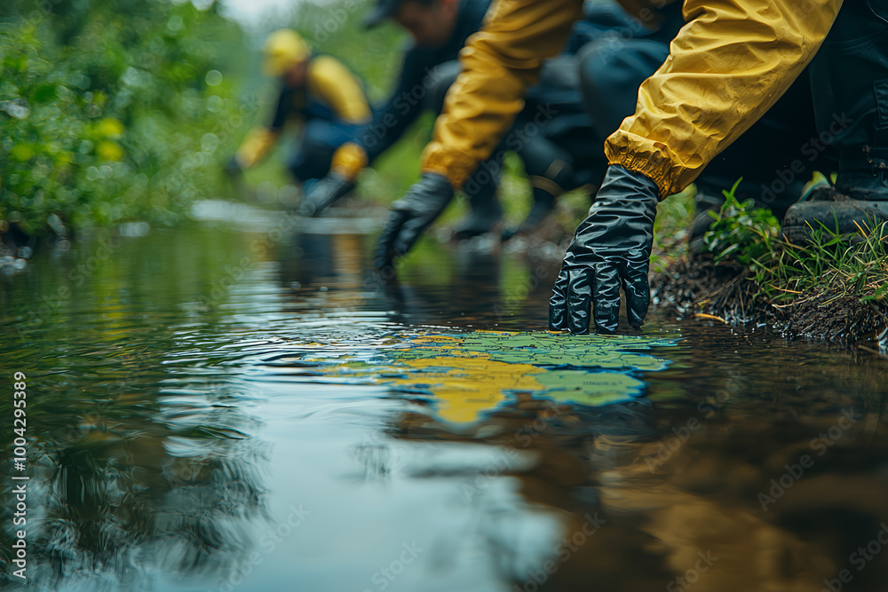 A group of volunteers cleaning up a local river, with a reflection of ...
