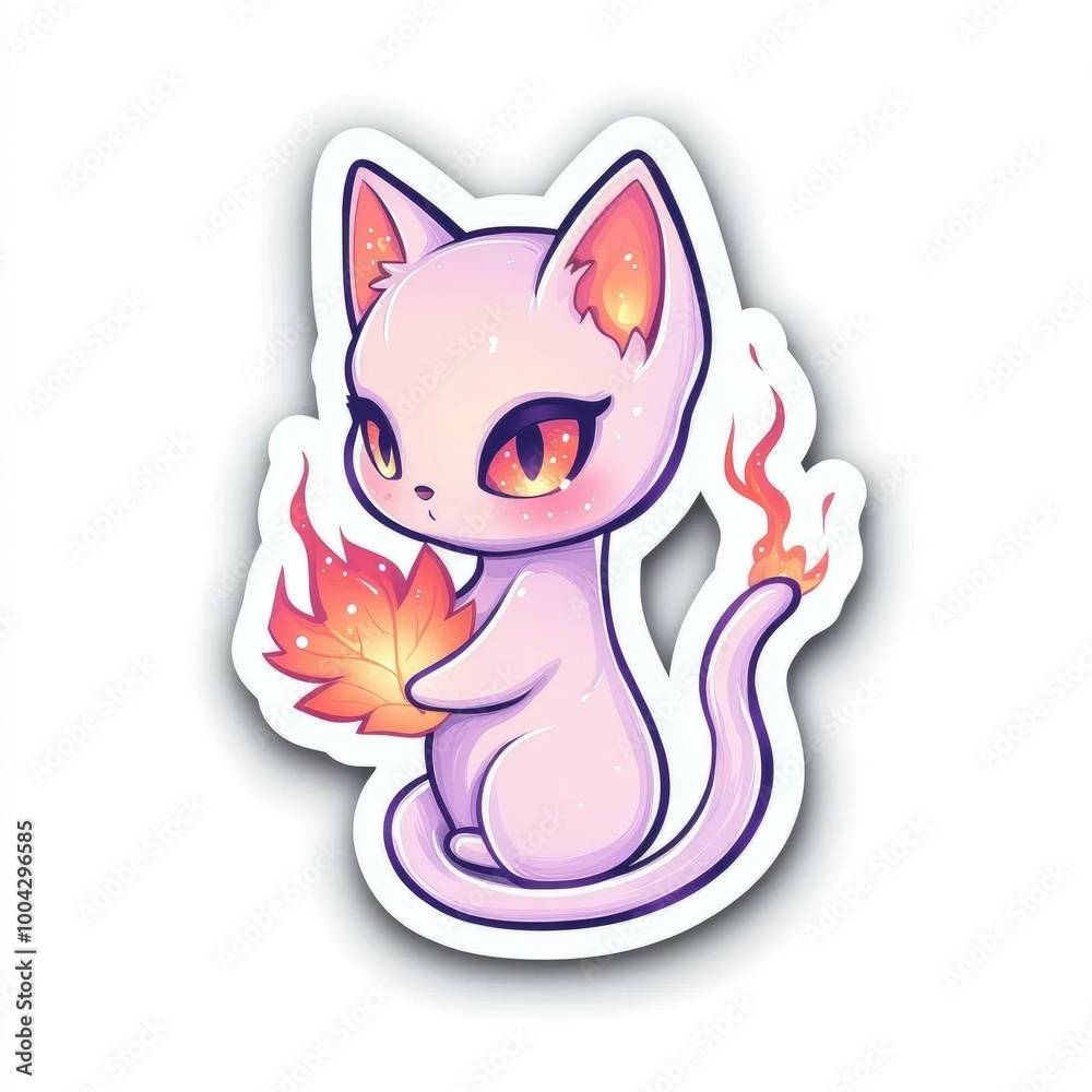 Cute Cartoon Fire Cat with Flame Tail and Leaf Stock Illustration ...