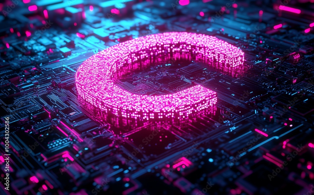 Neon C Symbol with Circuit Board Patterns in a Digital Tech Atmosphere ...