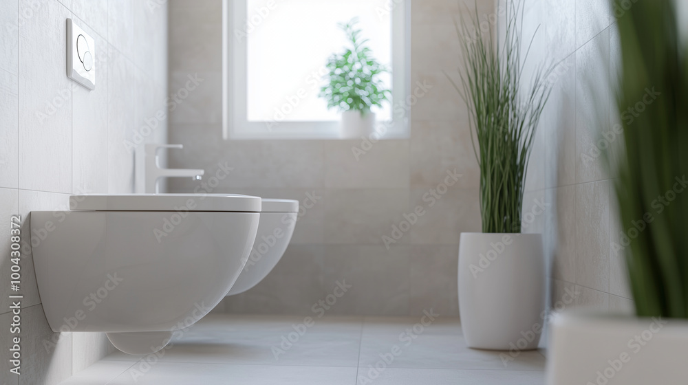 Modern bathroom setup with suspended white toilet and bidet, set ...