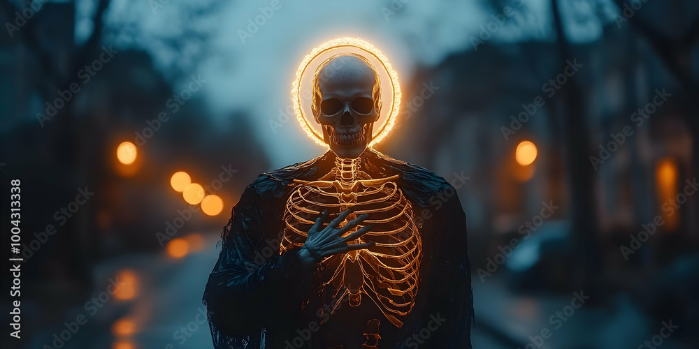 3D Digital Art of a Skeleton with a Glowing Halo Standing in a City ...