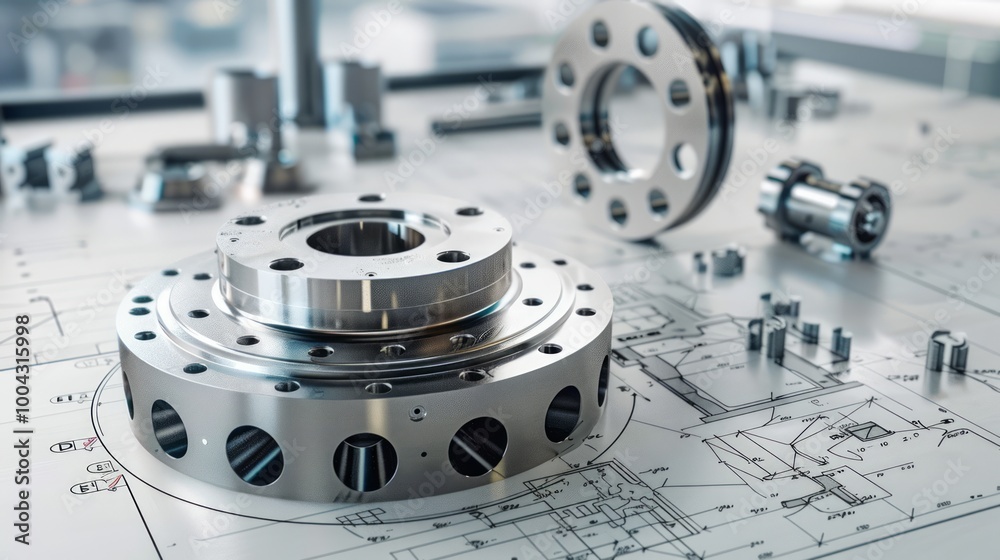 A technical drawing of a complex metal part, with dimensions and ...