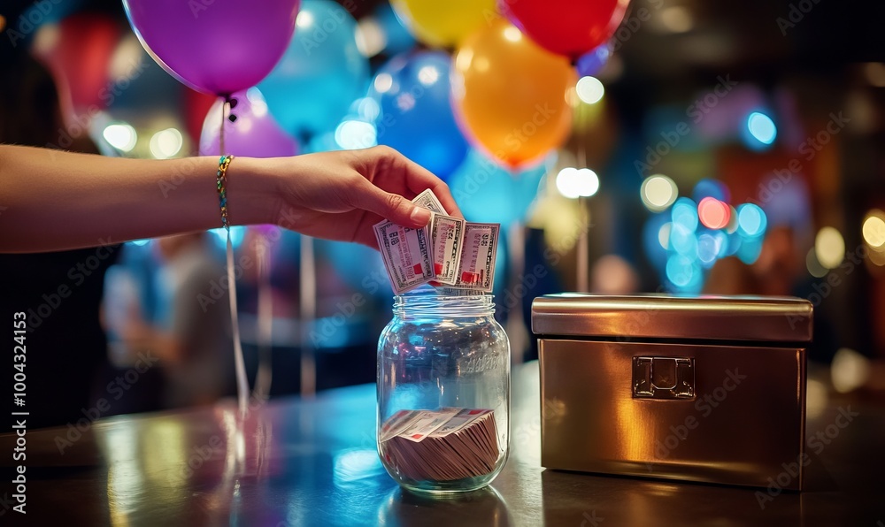 Hand Placing Tickets in a Glass Jar for a Raffle Event, AI generated ...