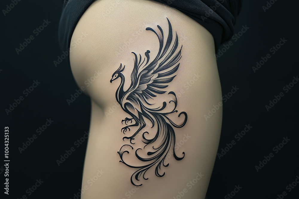 Tribal tattoo of a phoenix rising from flames, black ink with bold ...