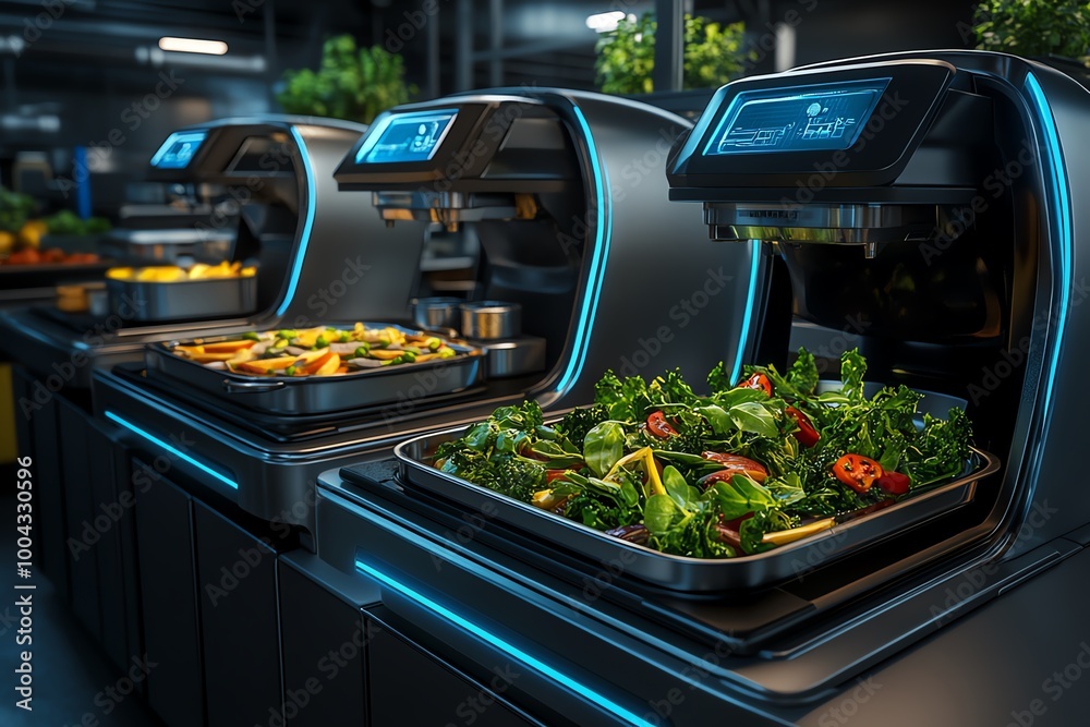 3D-rendered futuristic kitchen making weight loss meals, with sleek ...