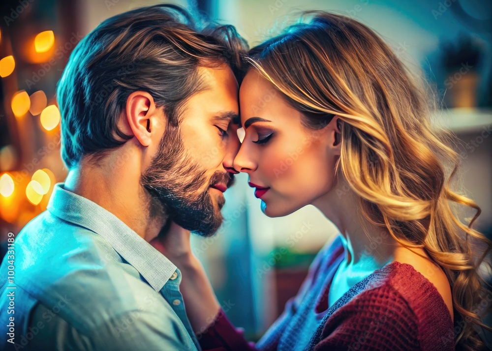 Romantic moment at home as a woman leans in for a kiss with an ...
