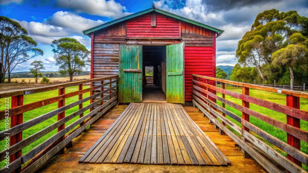 Rustic wooden ramp leading to the closed door of a traditional shearing ...