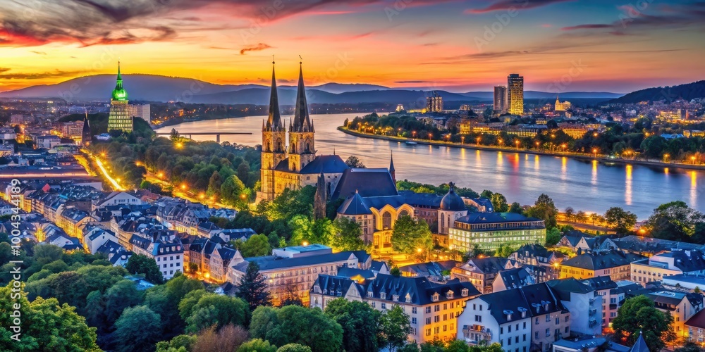 Silhouette of Bonn Skyline featuring Münster, Langer Eugen, City Hall ...