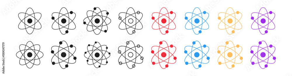 Set of atom icons with colored versions, black silhouettes, black ...