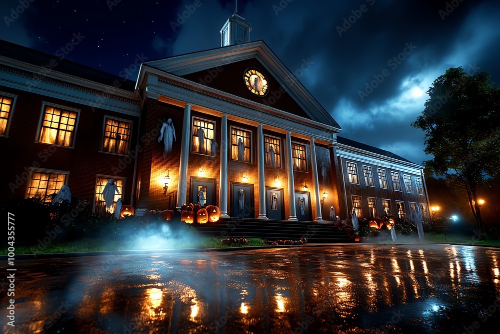 A haunted school building with eerie Halloween decorations, where ...