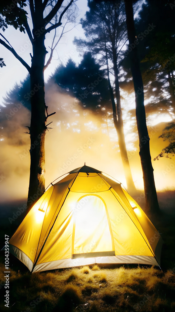 The poster for a suspenseful horror film, featuring a misty campsite ...