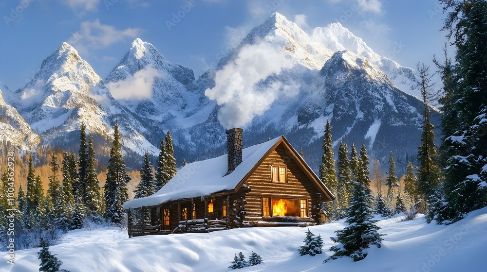 Cozy log cabin nestled among towering snow capped mountains smoke ...