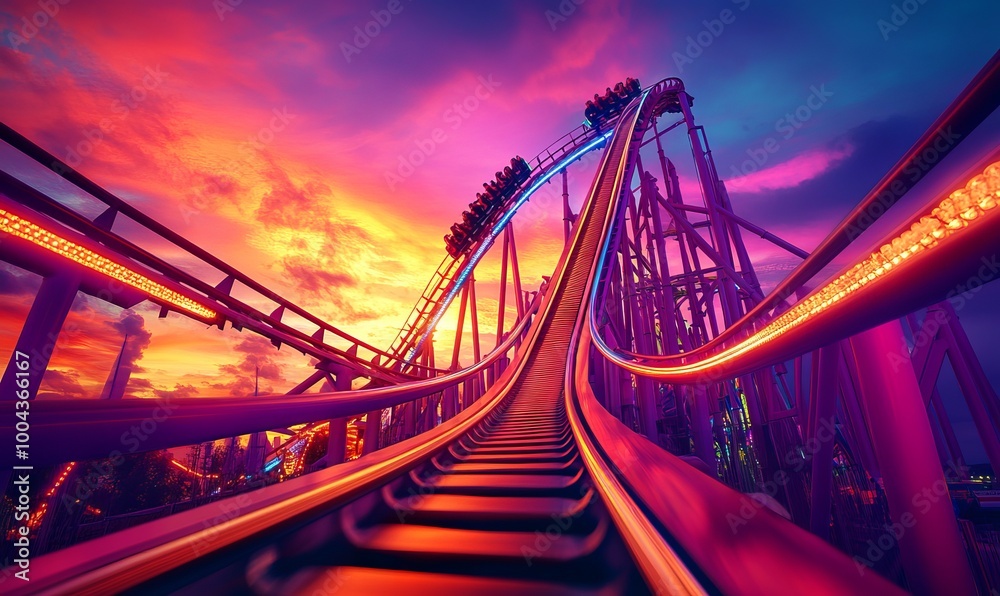 Neon-Lit Roller Coaster Track Against a Colorful Sunset Sky, AI ...
