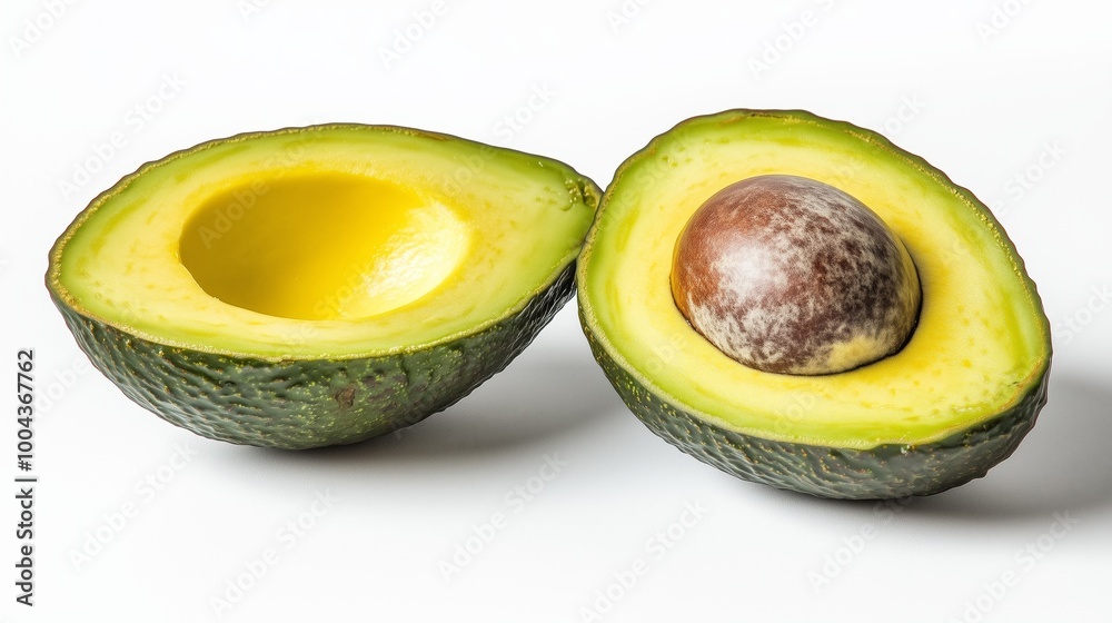 Two avocados are cut in half, one of which is still whole. The other ...