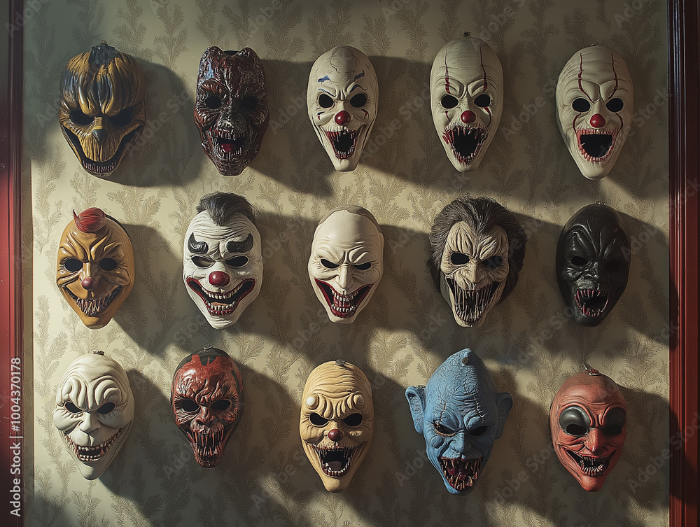 a display of various Halloween masks, from creepy clowns to ghoulish ...