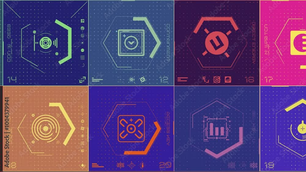 A brightly coloured looping background containing typographic elements ...