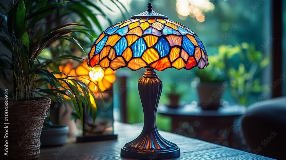 A beautifully crafted stained glass lamp stands on a wooden surface ...