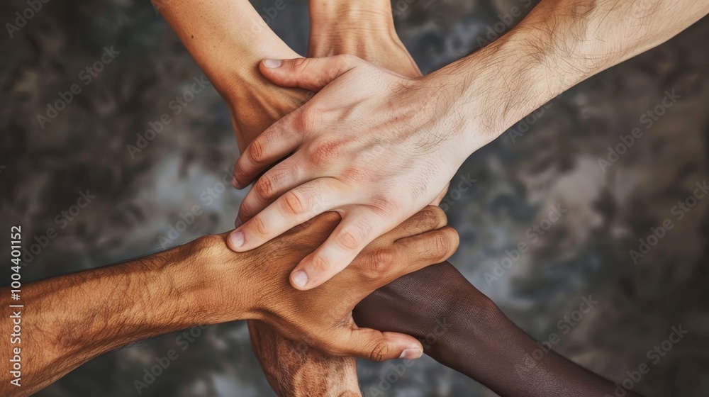 Diverse hands coming together in unity during a community event in a ...