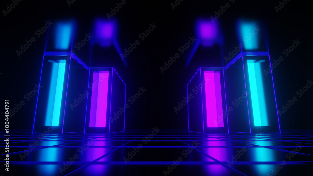 3d Render, Abstract blue purple neon light glowing on dark background ...