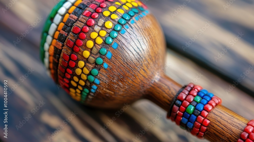 Colorful handcrafted wooden maraca displayed on a rustic table with ...