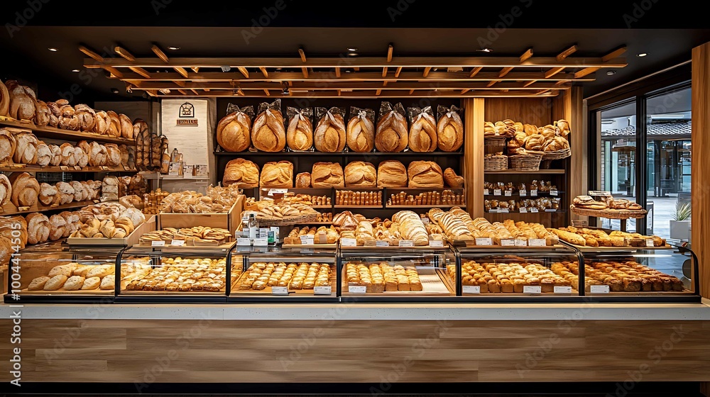 Charming bakery interior, artisanal breads and pastries in display ...