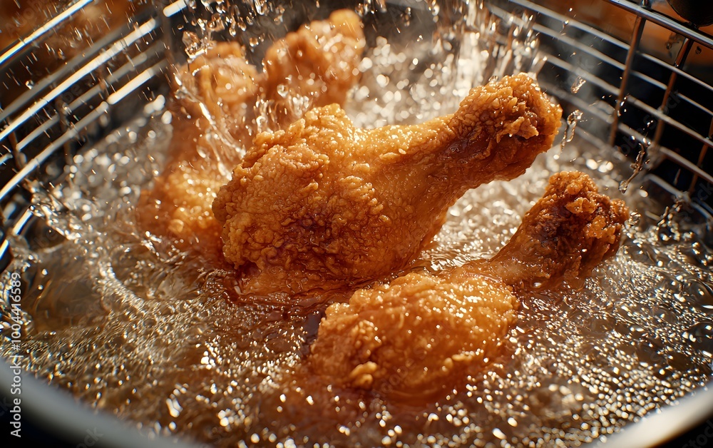 Crispy fried chicken submerged in hot oil inside a deep fryer, detailed ...