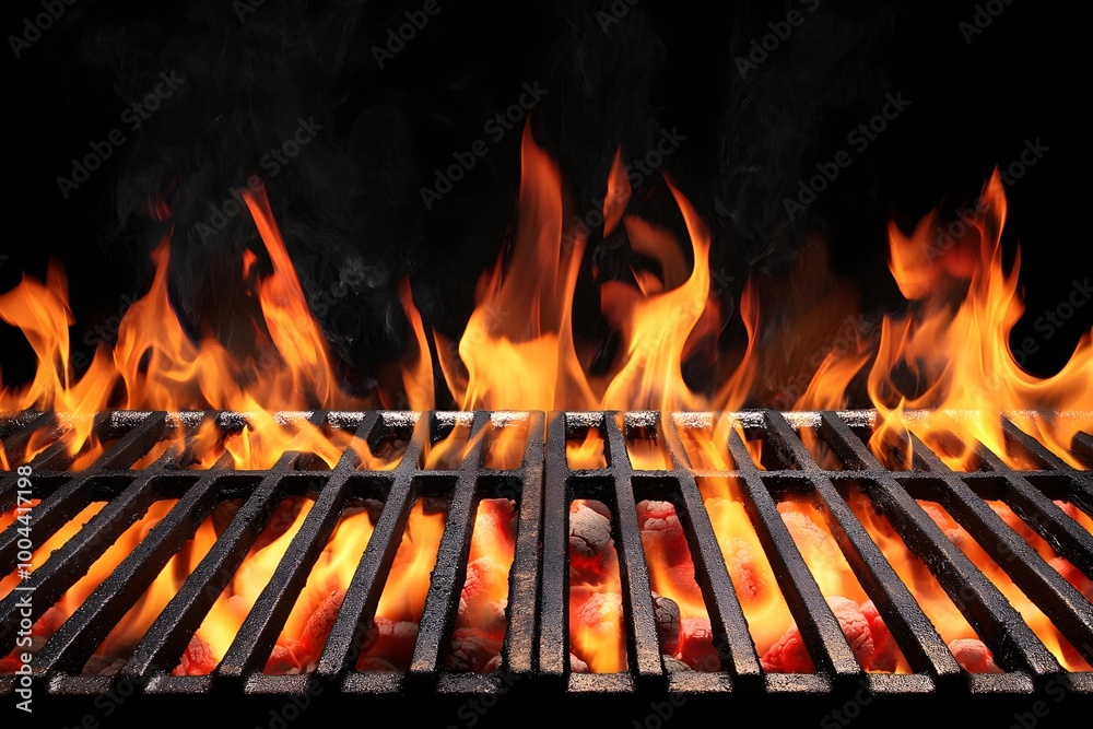 Fiery charcoal grill with flames dancing between the metal grates, lid ...