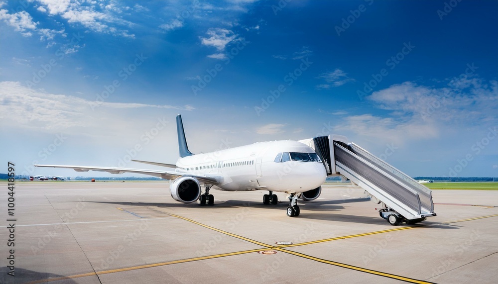 Isolated on a bright background with sky is a white passenger jet with ...