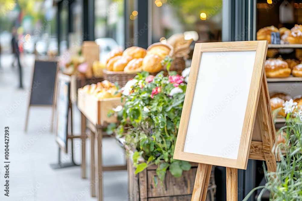 Empty wooden menu board on a sidewalk outside a cozy bakery, Bakery ...