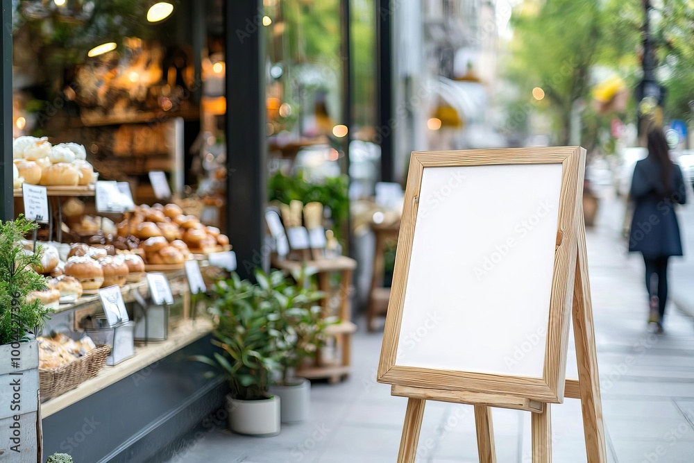 Empty wooden menu board on a sidewalk outside a cozy bakery, Bakery ...