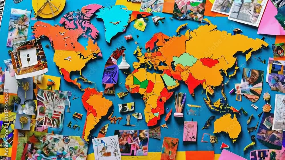 A colorful world map collage with various images and cutouts ...