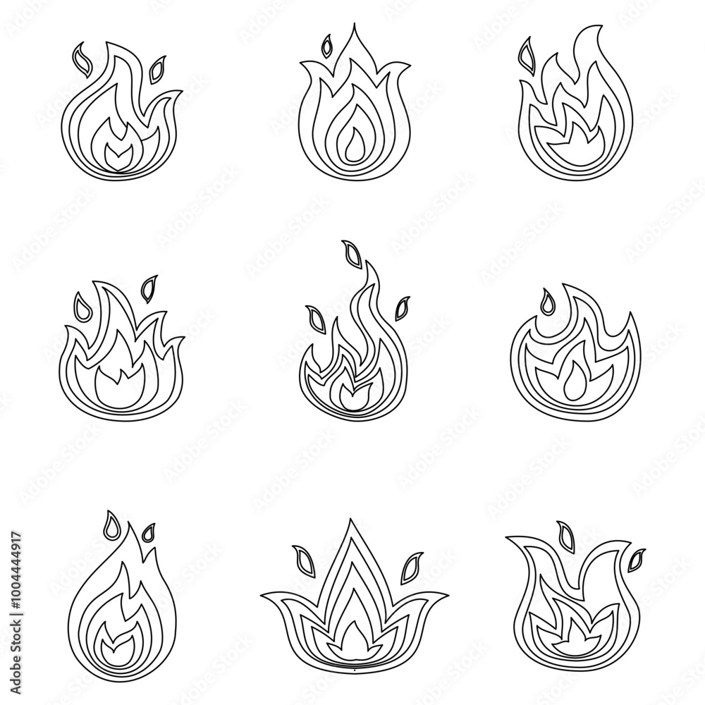 Set of nine black and white line drawings of fire symbols, each with ...