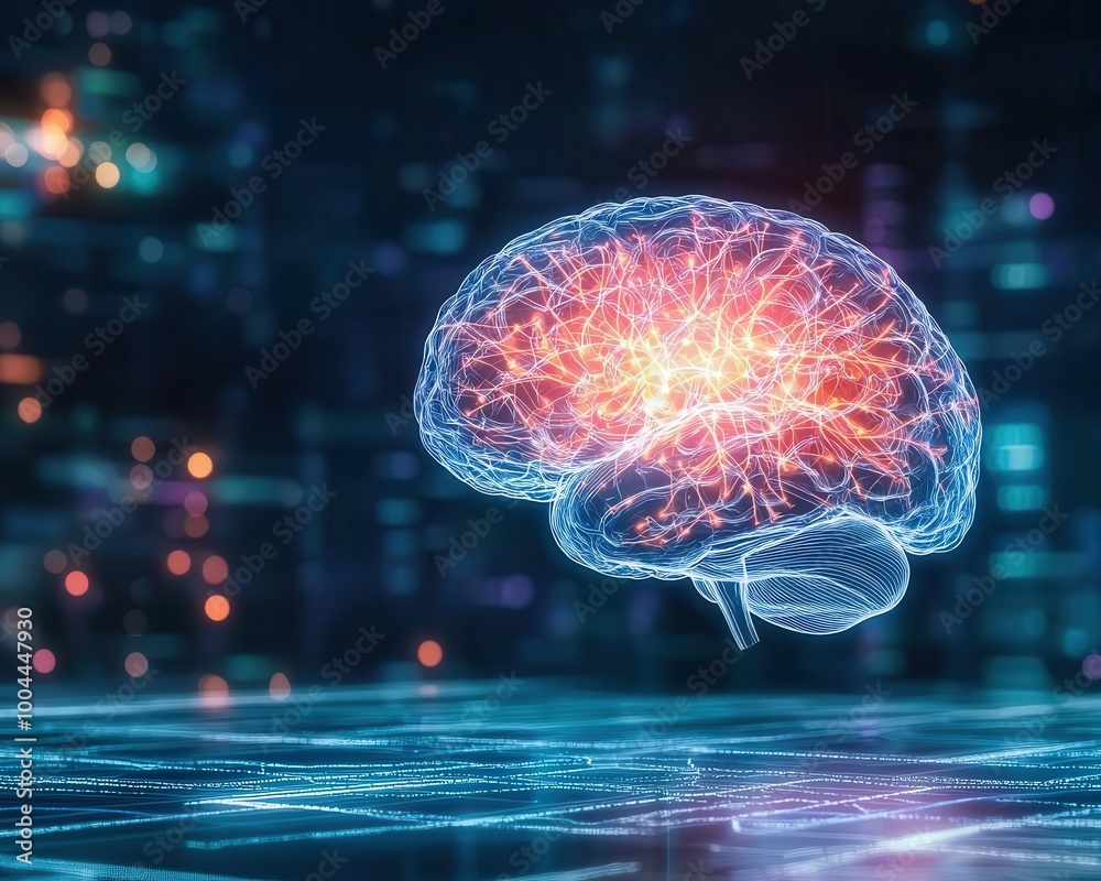 Digital brain scan overlaying a vibrant advertisement, neurons firing as viewers' emotional ...