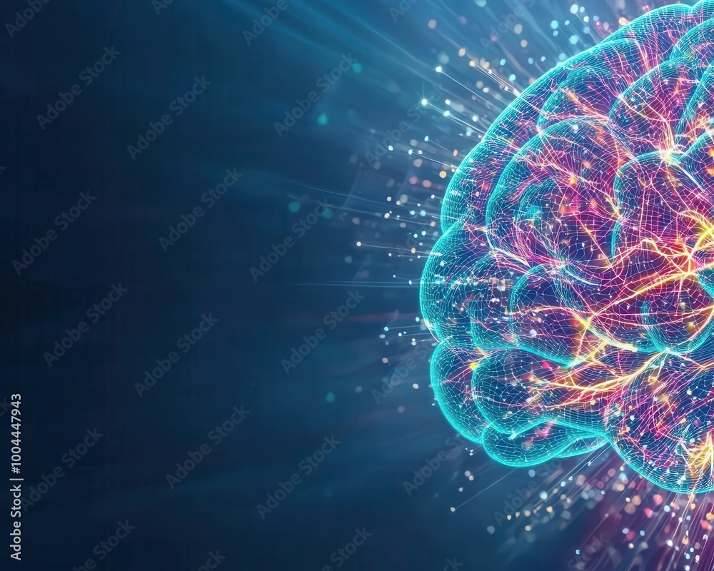 Digital brain scan overlaying a vibrant advertisement, neurons firing as viewers' emotional ...