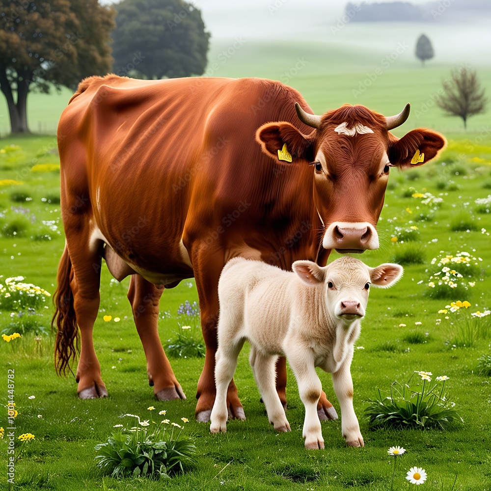Cow and Calf in a Pastoral Field captures the serene beauty of farm ...