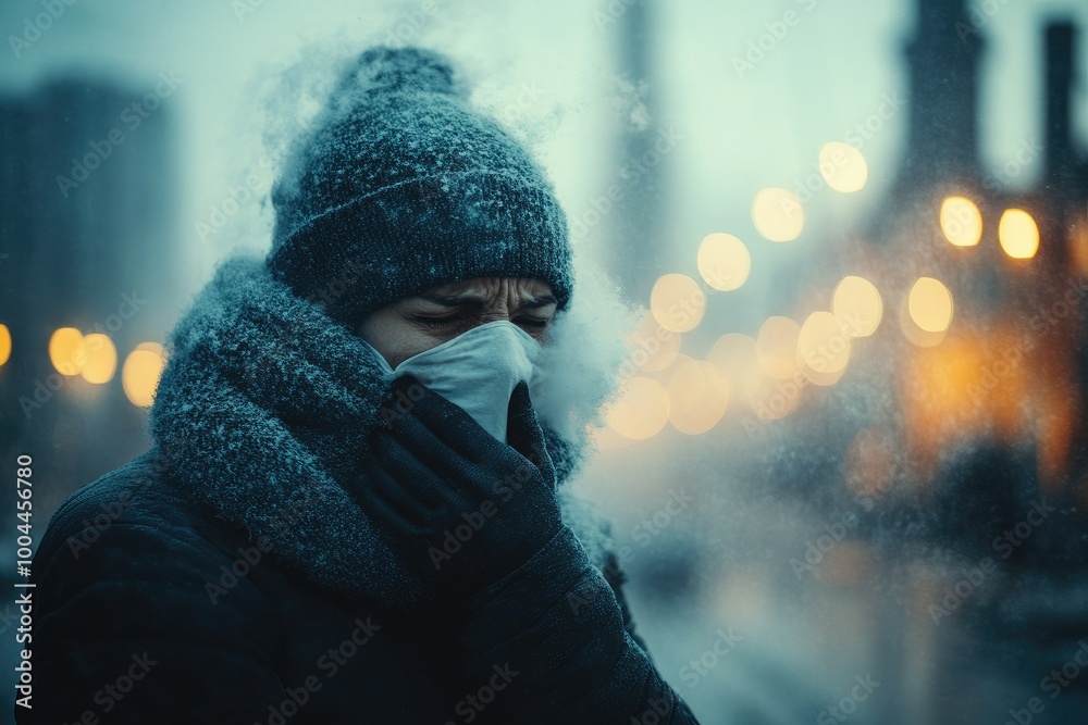 A person coughing into their sleeve as they walk through a city covered ...