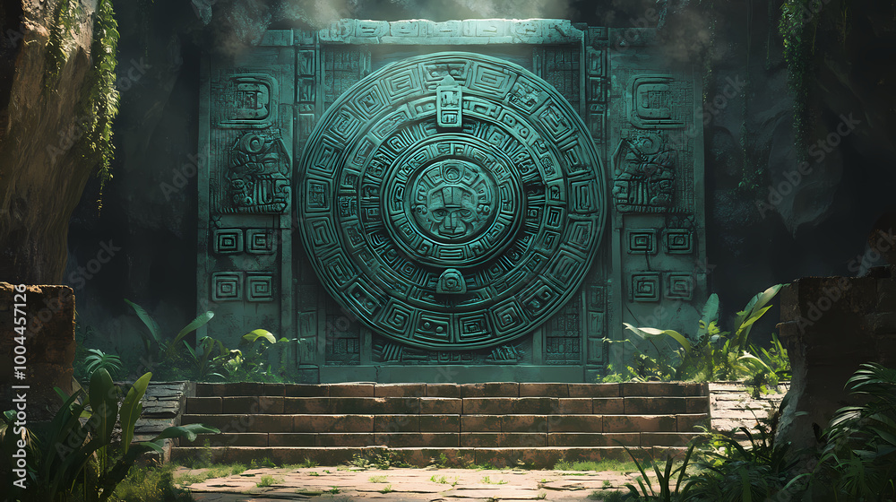 The background shows a beautiful, aged wall with a mesoamerican ...