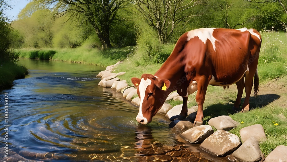 Cow Drinking from a Country Stream offers a picturesque glimpse into ...