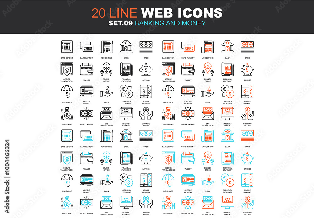 Vector set of banking and money line web icons. Each icon with ...