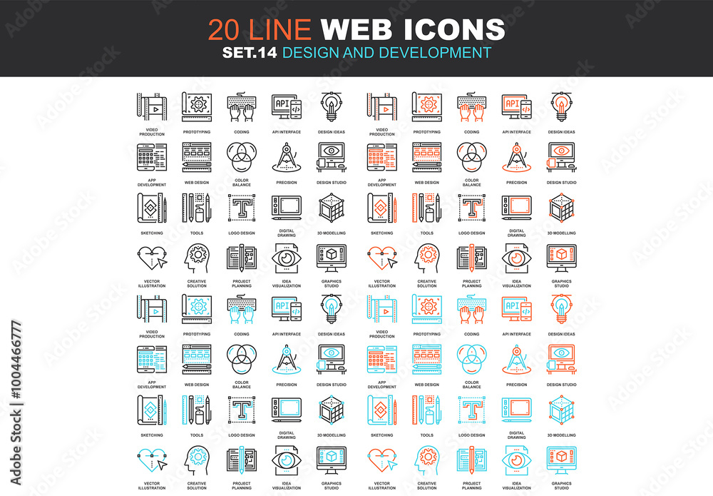 Vector set of design and development line web icons. Each icon with ...