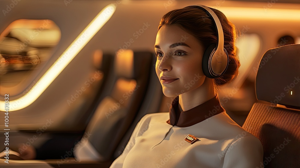 An air hostess interacting with passengers, offering headphones and ...